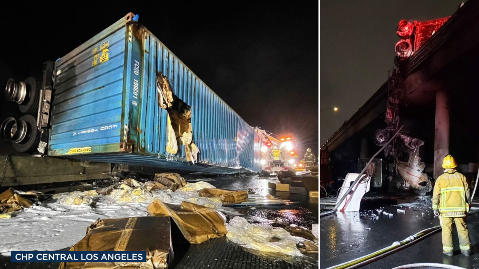 Big rig overturns, catches fire, hangs off edge of downtown LA freeway ...