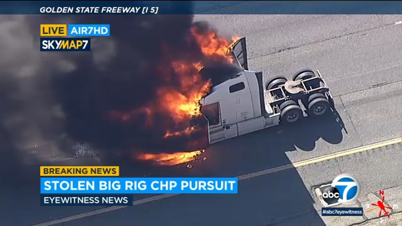 Police chase: Stolen big rig engulfed in flames on 5 Freeway after ...