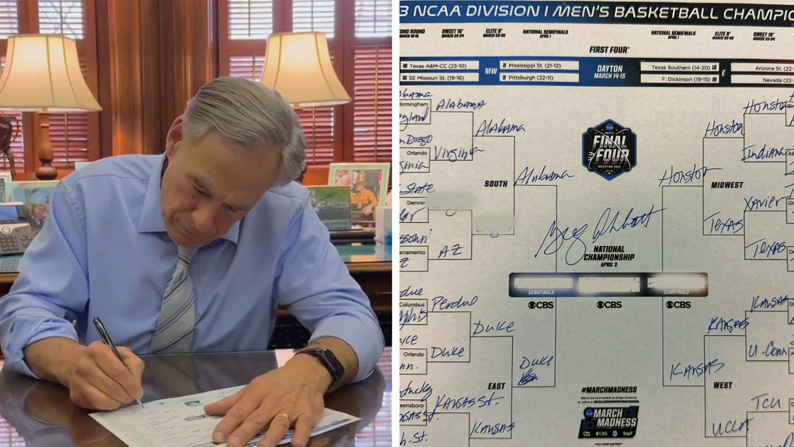 March Madness: Texas Gov. Greg Abbott fills out NCAA bracket without ...