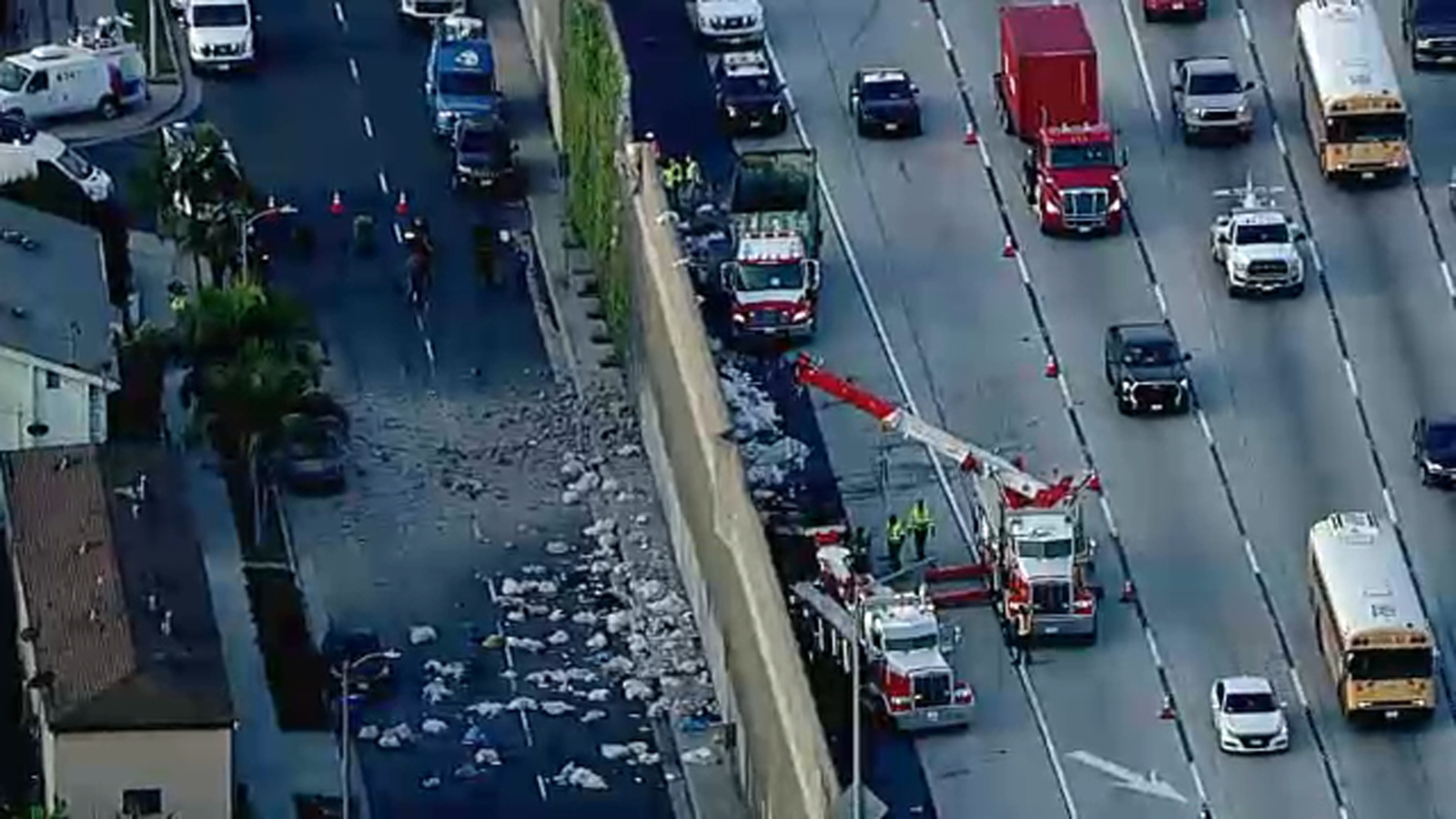 Trash truck crash on 110 Freeway in South LA sends debris, chunks of ...