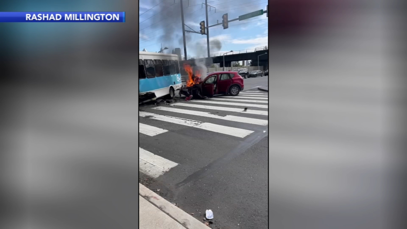 Car catches fire after colliding with bus in Philadelphia's University ...