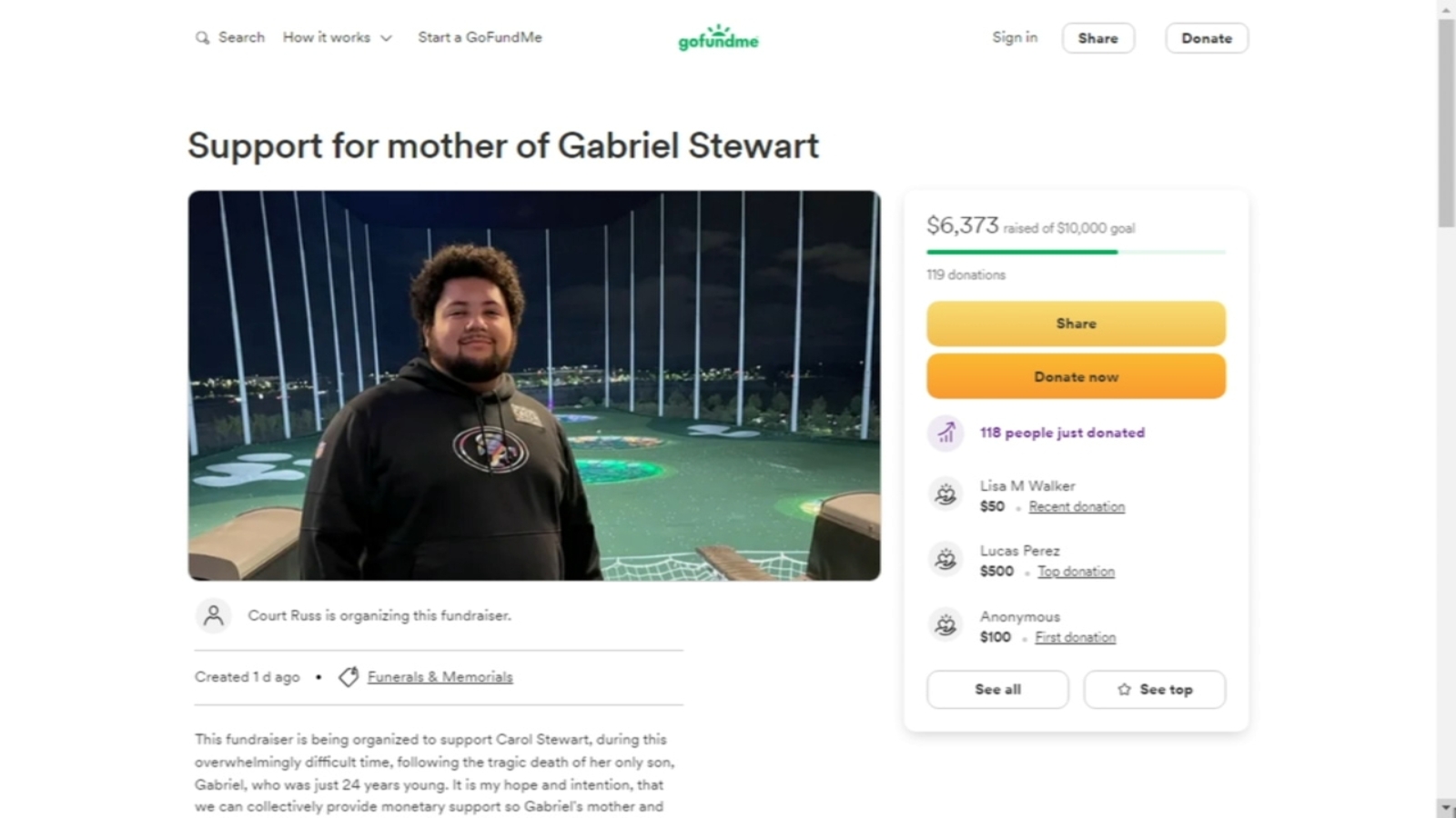 GoFundMe set up for Gabriel Stewart, pizza delivery driver shot and ...