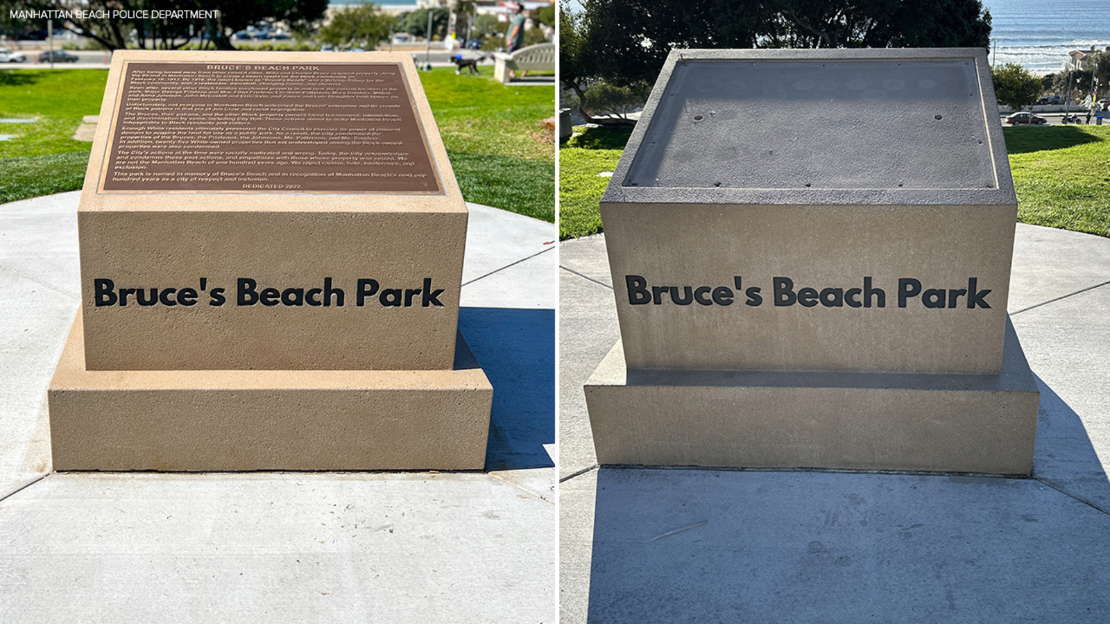 Memorial plaque stolen from Bruce's Beach in Manhattan Beach - ABC7 Los ...