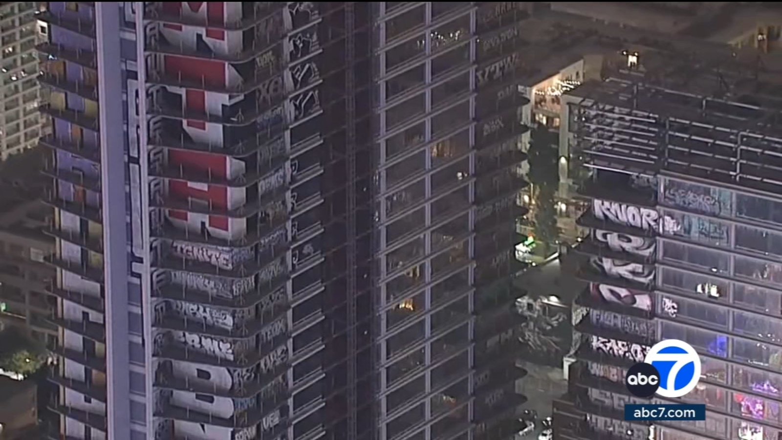 Graffiti-covered Oceanwide Plaza high-rise buildings in downtown Los ...