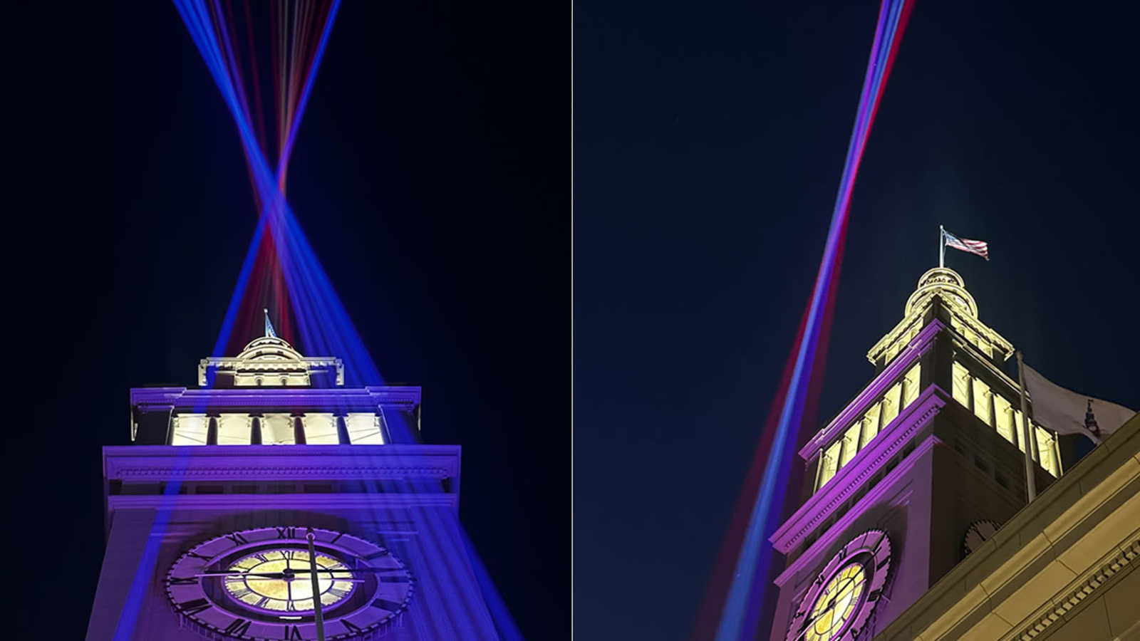 Ferry Building laser light show: San Francisco sky lit up red, white ...