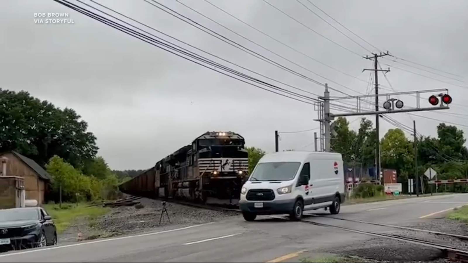 Heart-stopping moment van skids through railway barrier as train ...