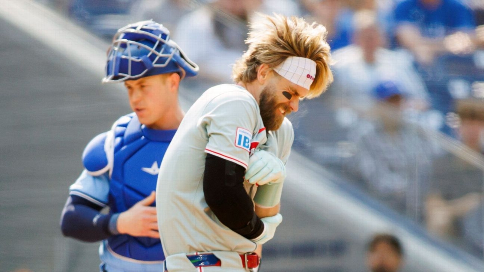 Philadelphia Phillies' Bryce Harper hit on left elbow by pitch, exits ...