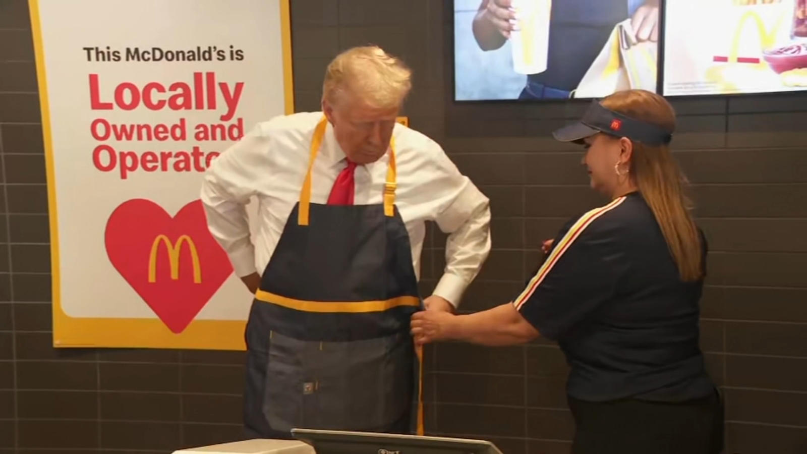 Donald Trump, at McDonald's in Pennsylvania, mocks Kamala Harris' story of working at the fast ...