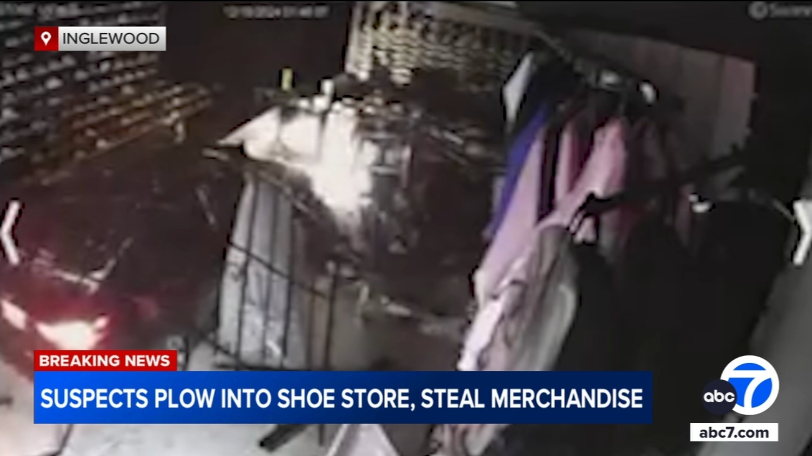 Inglewood shoe store heist caught on video as thieves crash car into ...