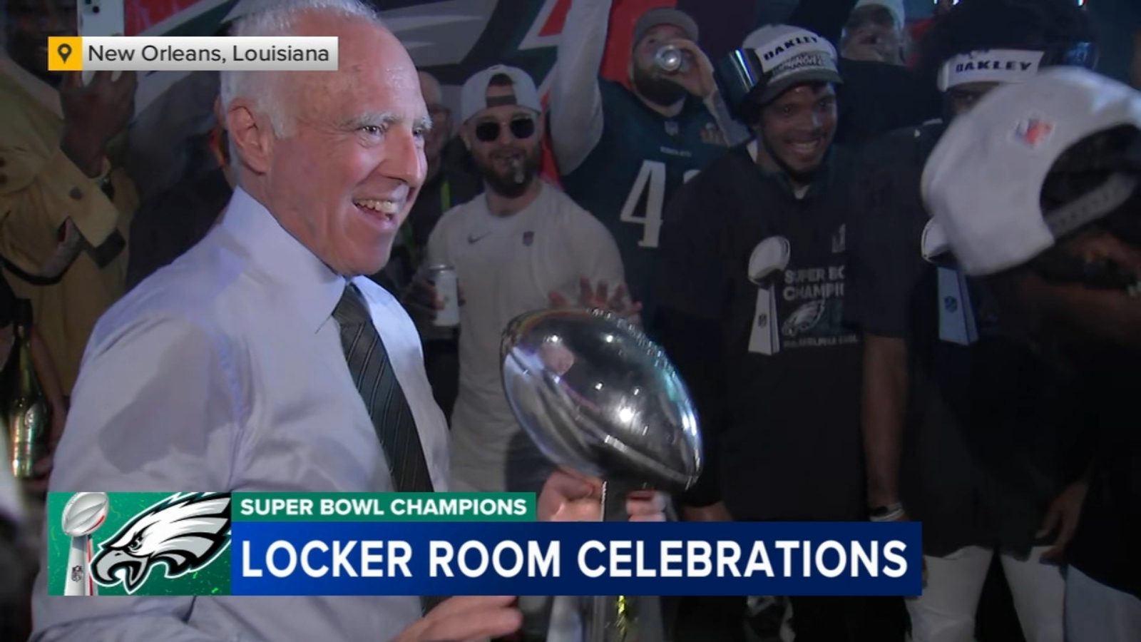 Eagles owner Jeff Lurie joins team during locker room celebration after Super Bowl win - 6abc ...