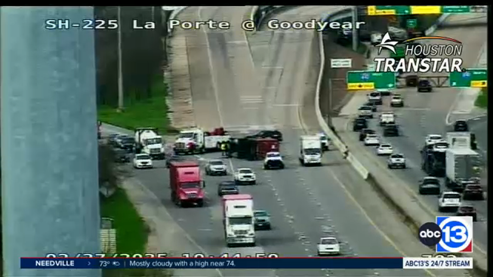 Lanes reopened after overturned heavy truck shuts down portion of Highway 225 eastbound at I-610 ...
