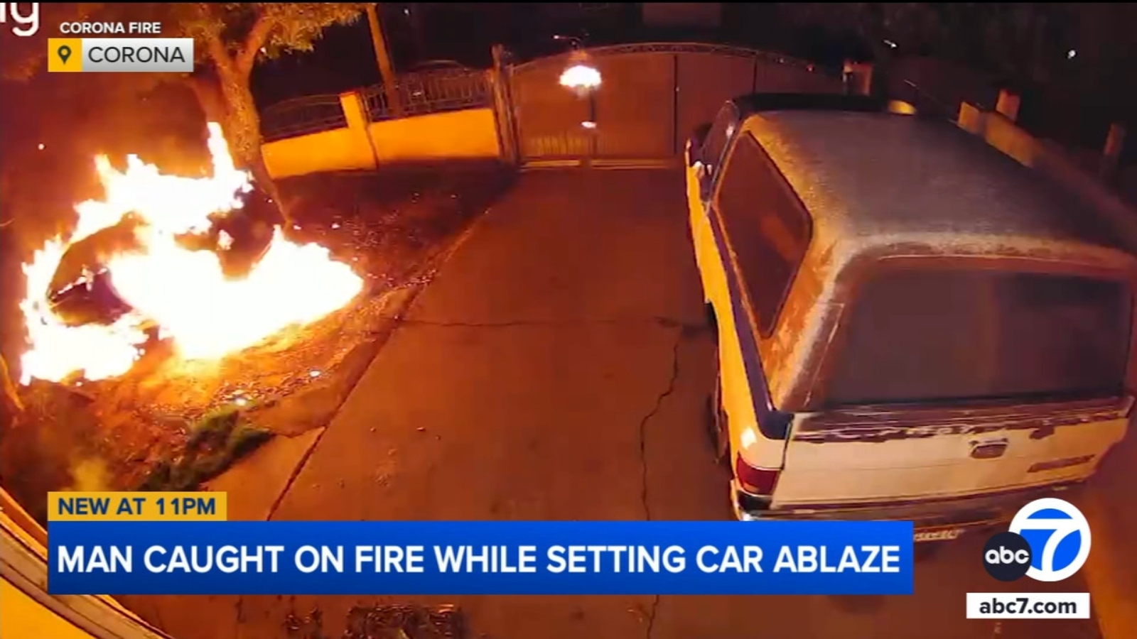 Man caught on fire while setting car ablaze in Corona - ABC7 Los Angeles