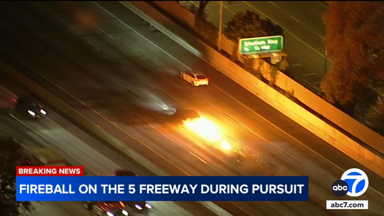 Police chase ends after suspect's car bursts into flames while fleeing police on NB 5 Freeway in ...