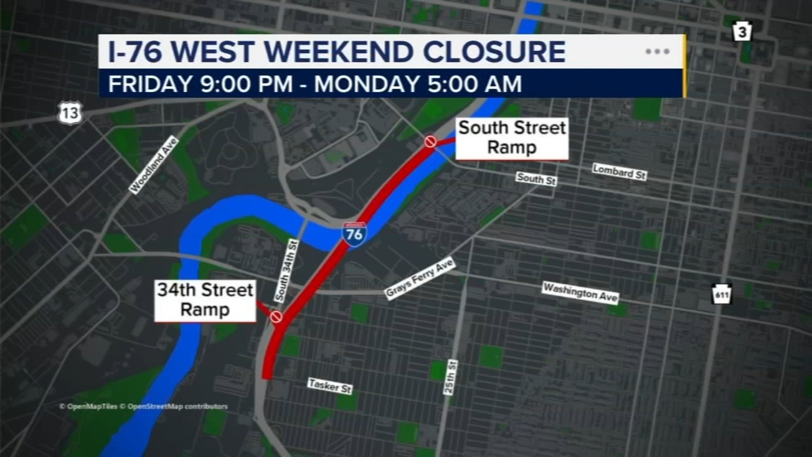 Part of I-76 West closed this weekend between 34th Street and ...