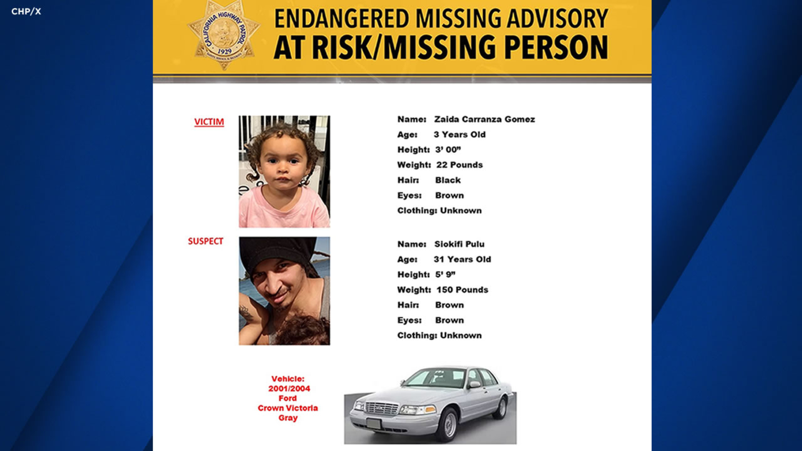 CHP issues advisory for missing 3-year-old girl in Oakland believed to be taken by suspect, last ...