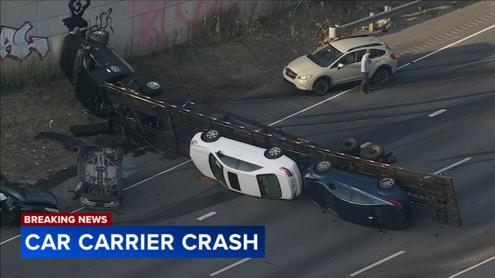 Car carrier flips over after crash on I-95 NB near Kerlin Street in ...