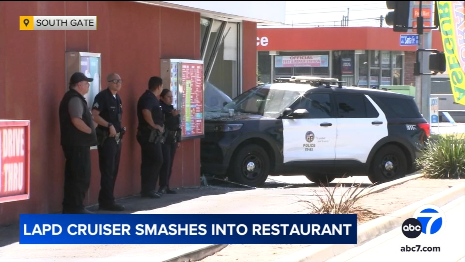 LAPD cruiser smashes into South Gate restaurant after chase - ABC7 Los ...