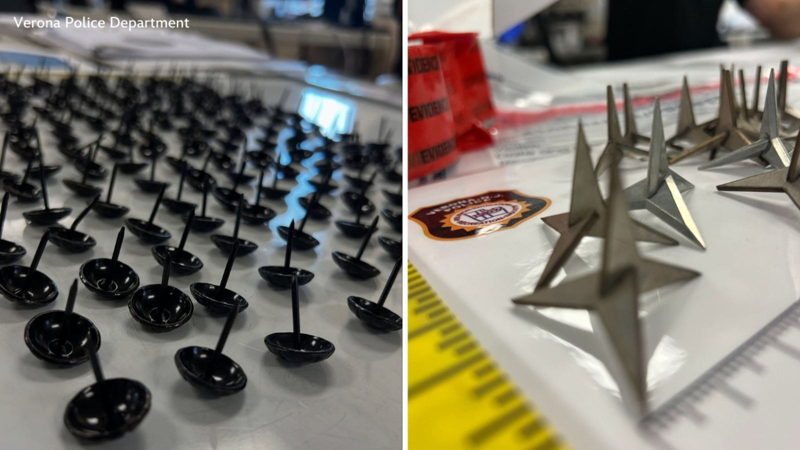 Tacks and spikes found on dirt trail behind elementary school in Verona, New Jersey - ABC7 New York