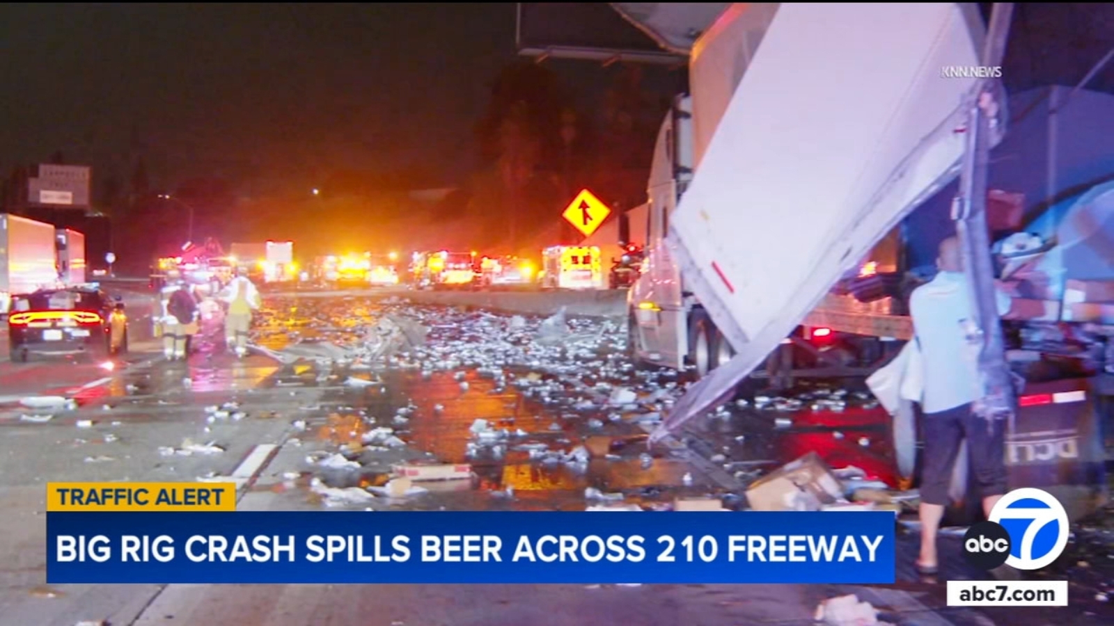 Big rig crash spills cans of beer across 210 Freeway in Irwindale ...