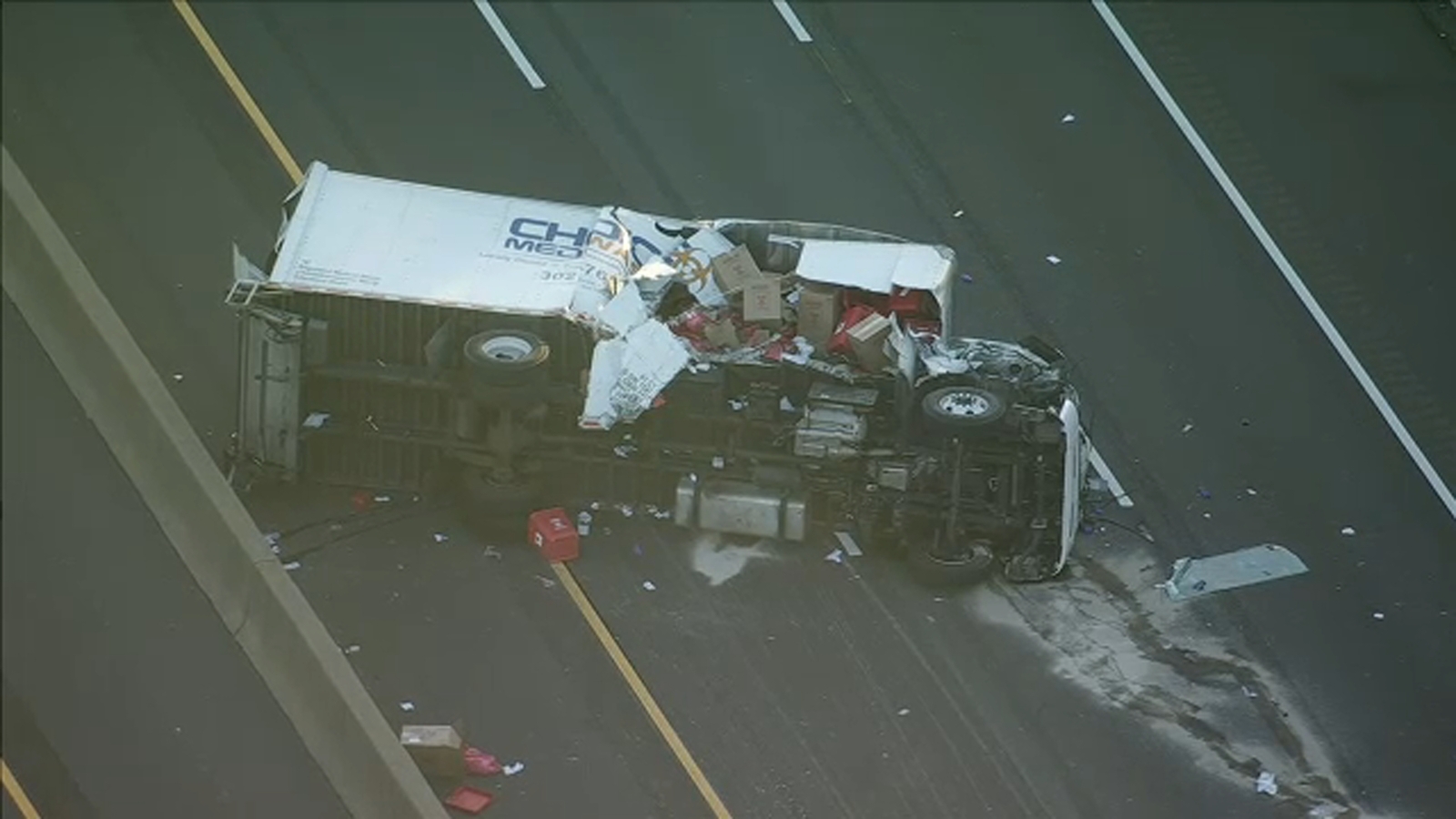 Truck overturns on New Jersey Turnpike NB, near Exit 5, in Springfield Township, Burlington ...