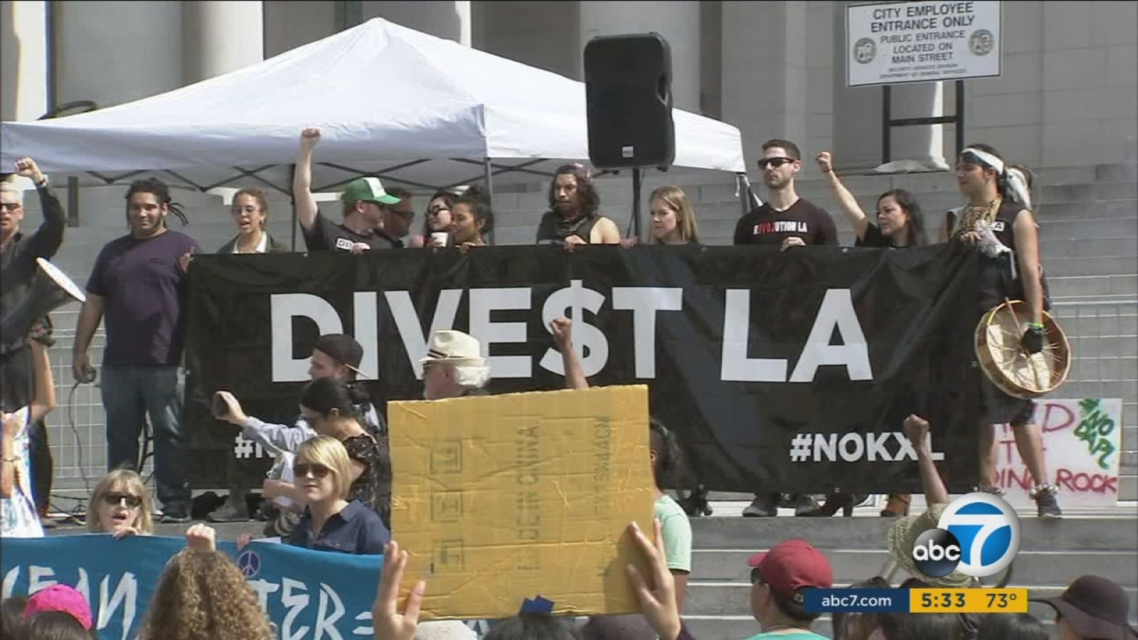 Protesters urge LA to sever ties w/ Wells Fargo over DAPL - ABC7 Los ...