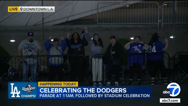 Dodger fans line up early along parade route - ABC7 Los Angeles