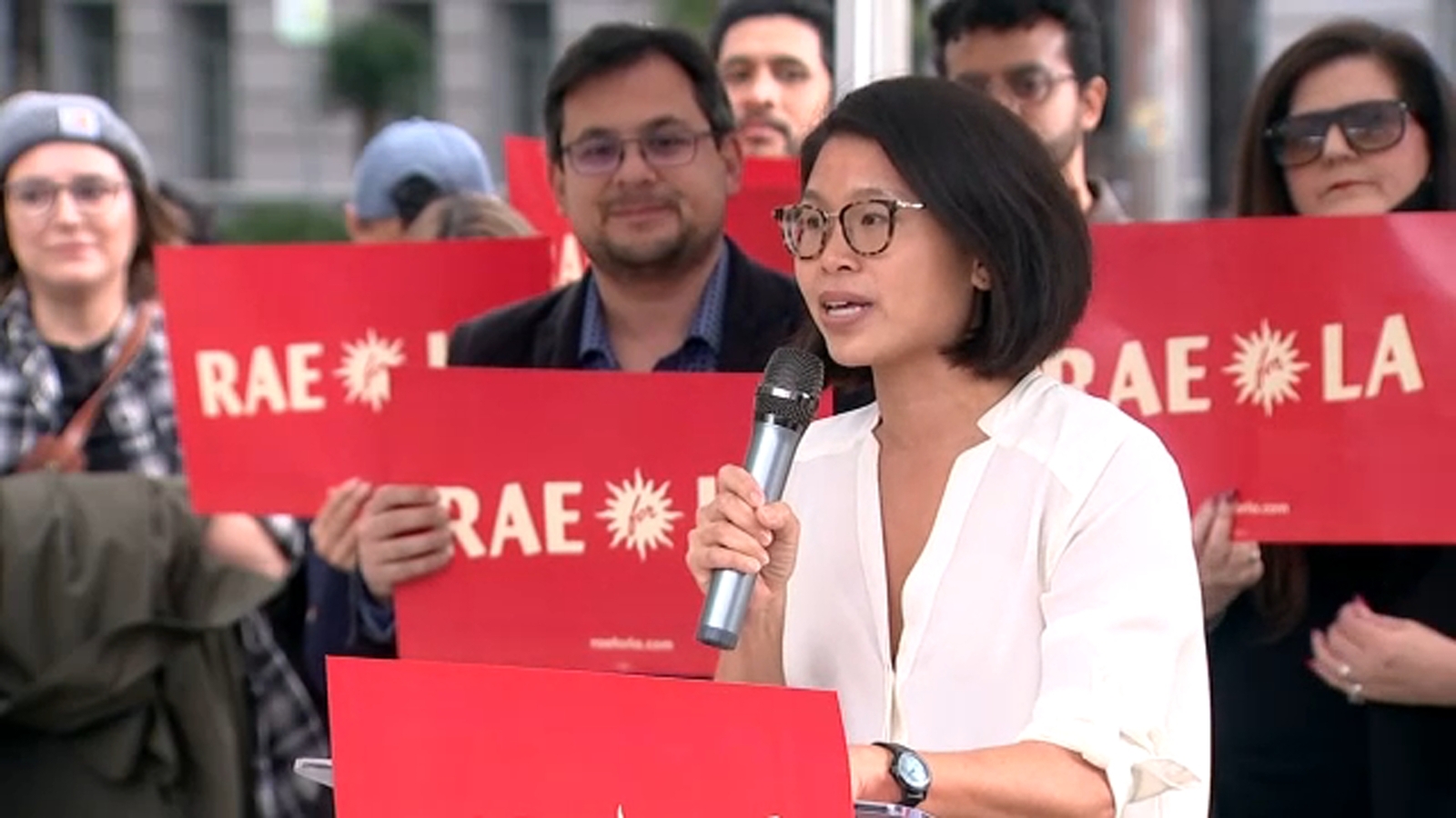 Rae Huang, deputy director of Housing Now California, announces ...