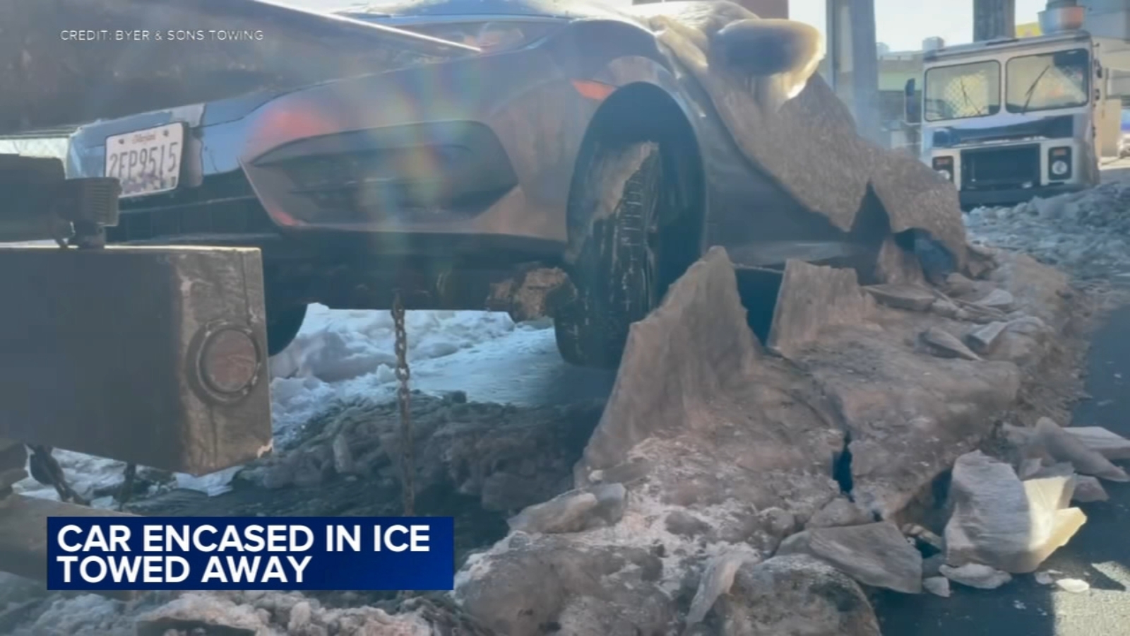 Ice-covered car finally towed from Philadelphia after water main break ...