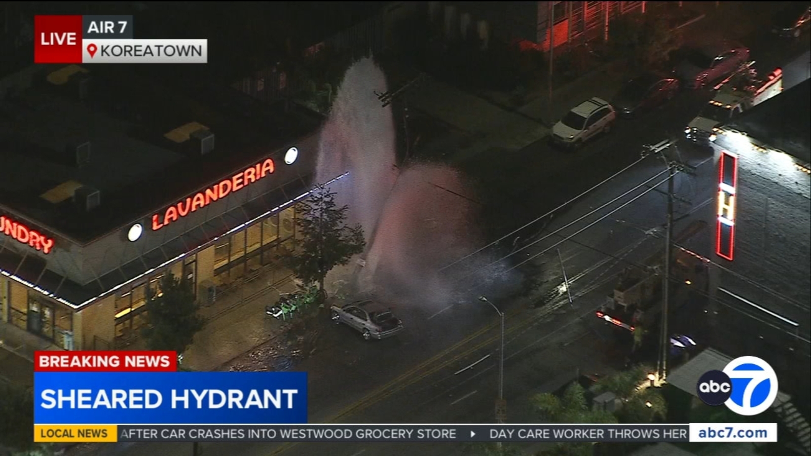 Car crashes into fire hydrant, sending geyser of water onto Koreatown ...