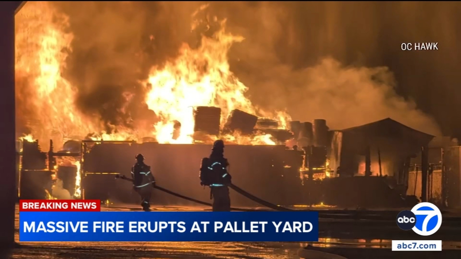 Massive fire erupts at pallet yard in Orange - ABC7 Los Angeles