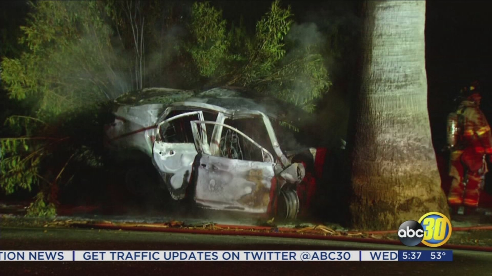 Car catches fire after crash in Southwest Fresno, 2 people injured - ABC30 Fresno