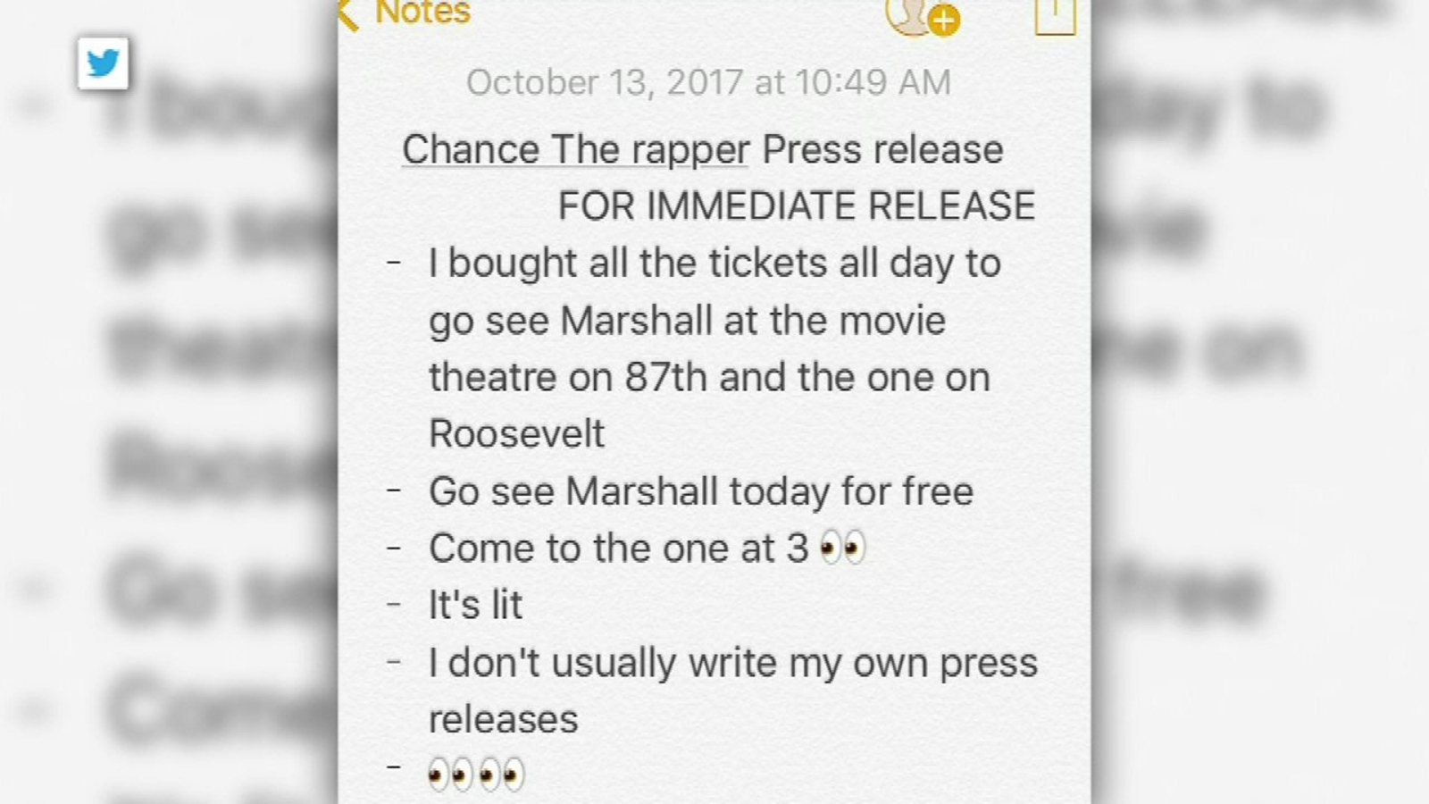 Chance the Rapper buys tickets to movies, invites fans - ABC7 Chicago