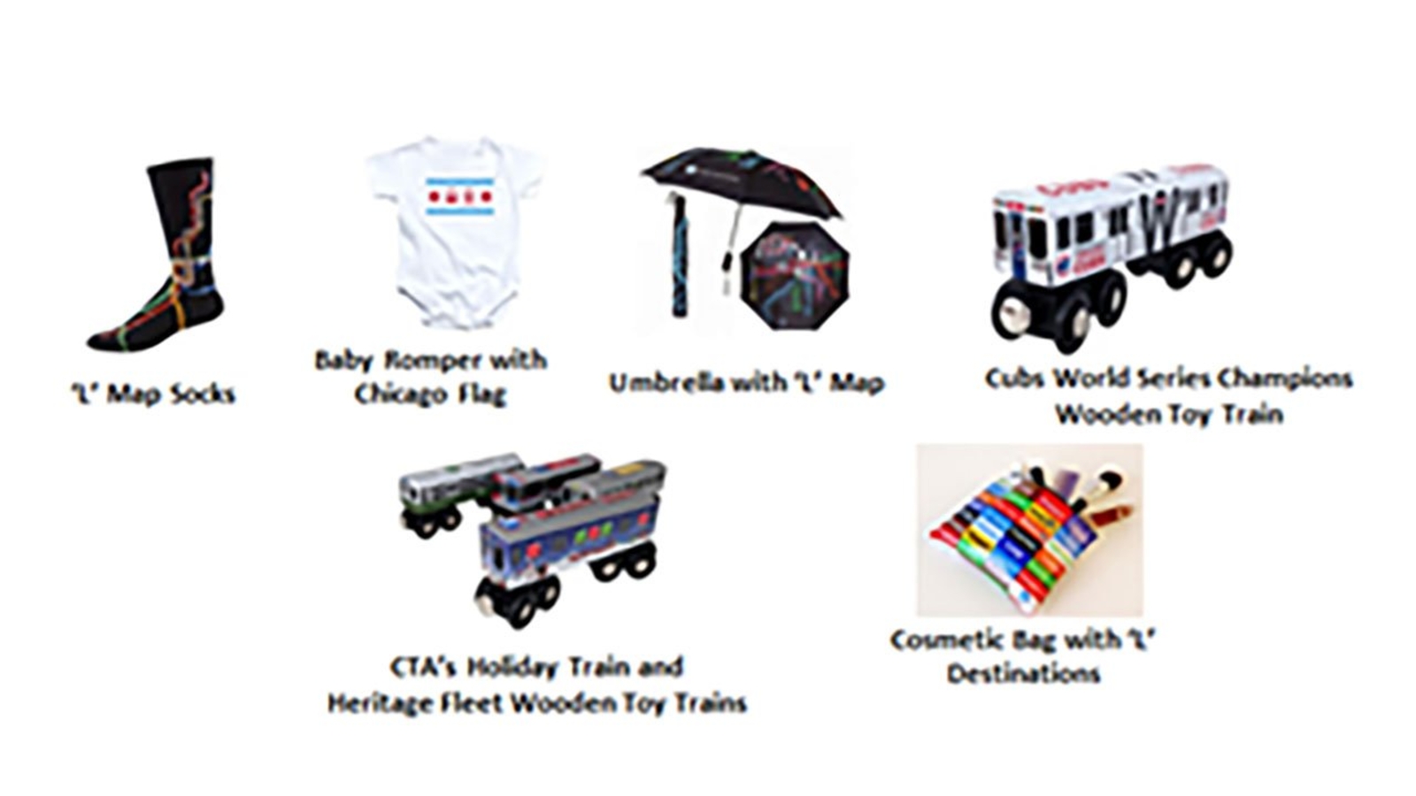 CTA selling socks, umbrellas with 'L' map, wooden holiday toy trains ...