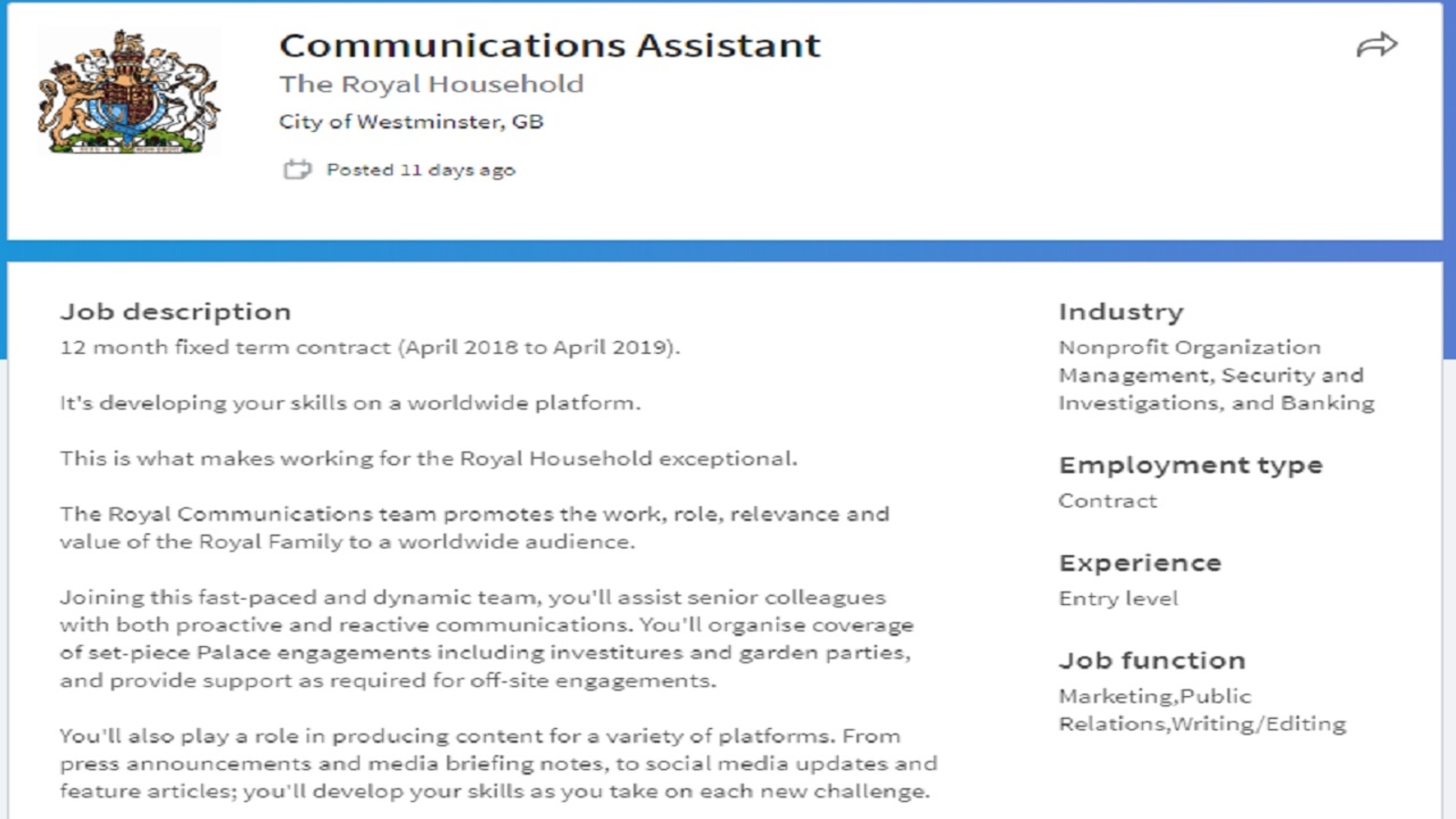 Buckingham Palace needs a communications assistant, according to job ...