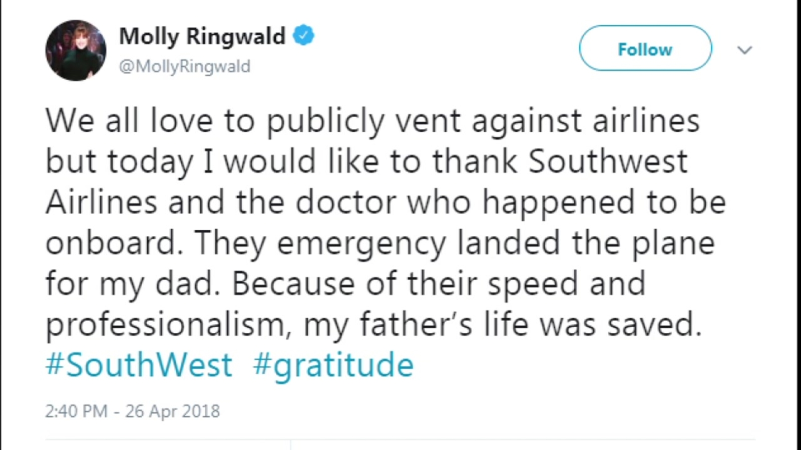 Actress Molly Ringwald thanks Southwest Airlines with tweet for making ...