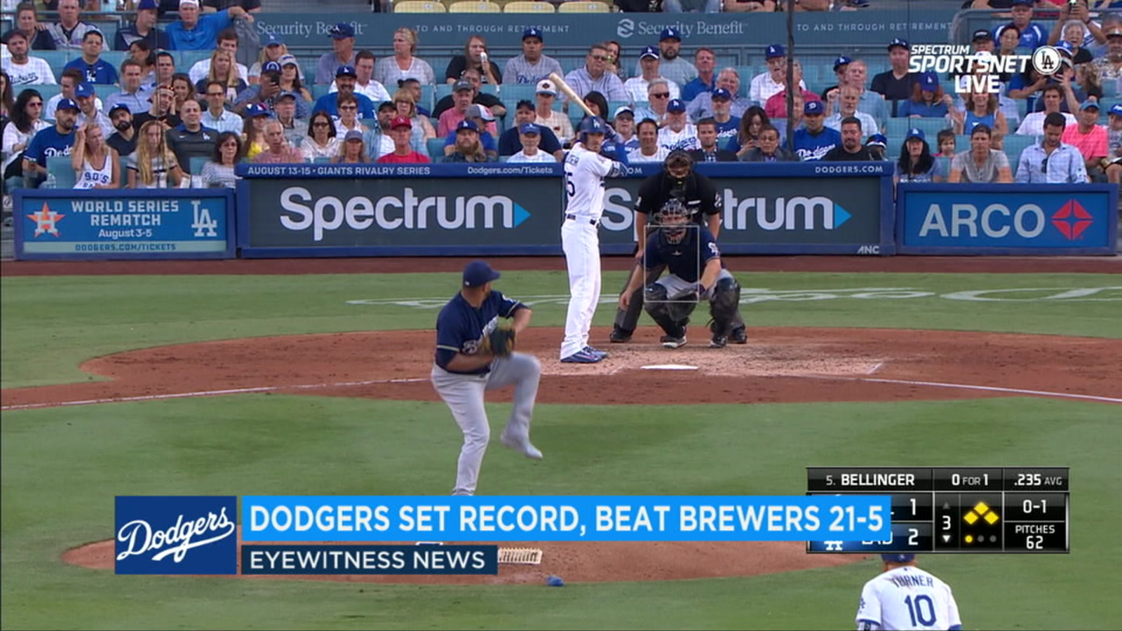 Dodgers set stadium record for runs in 21-5 win over Brewers - ABC7 Los ...