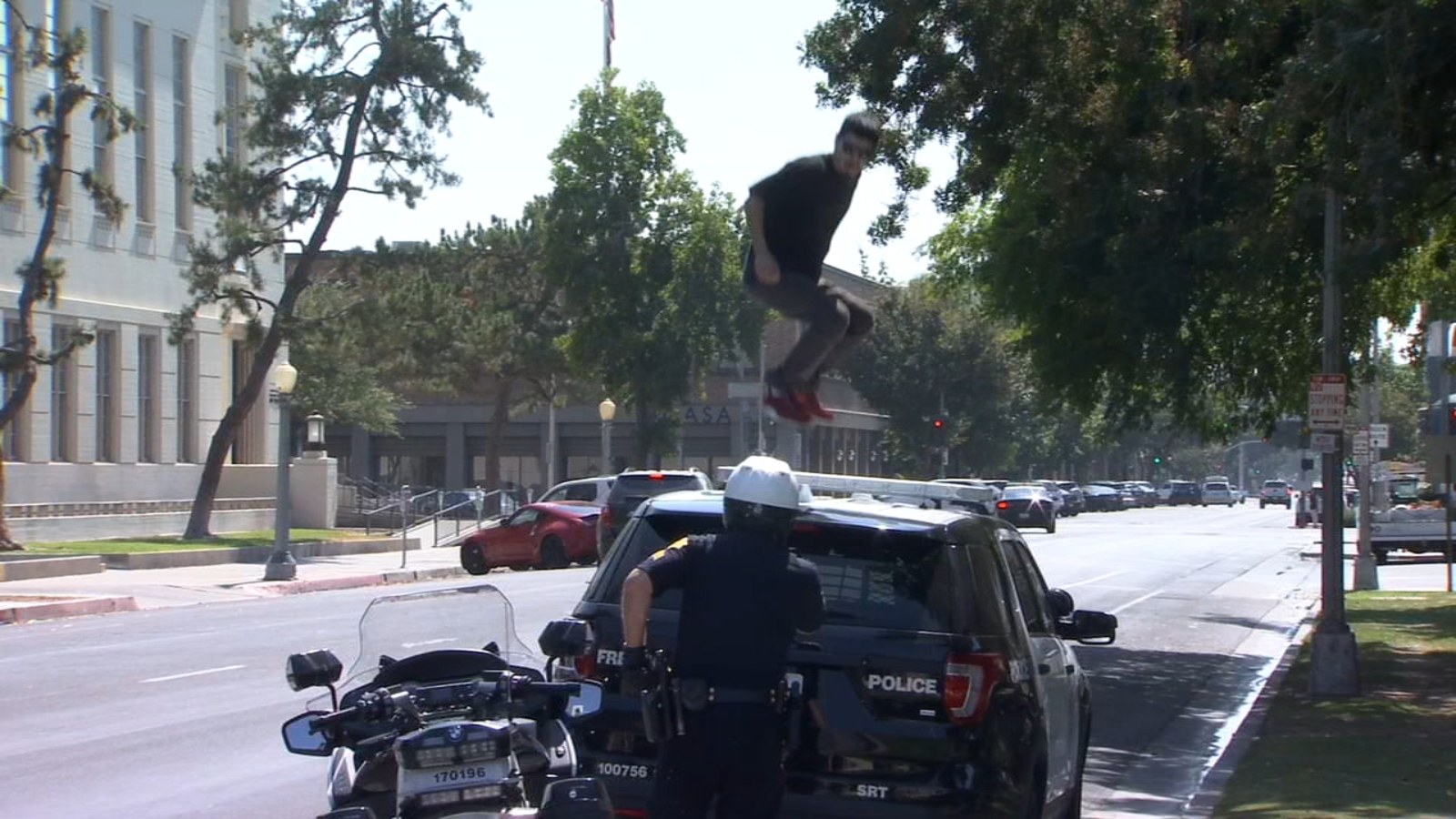 Video shows arrest of man stomping on police car in Fresno, California ...