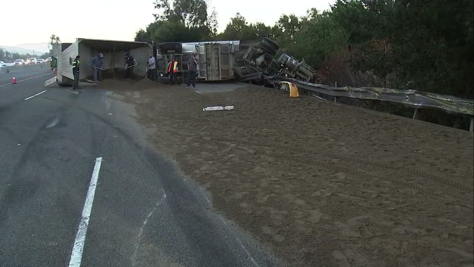 Big rig carrying 27 tons of concrete sand overturns on I-680 in ...