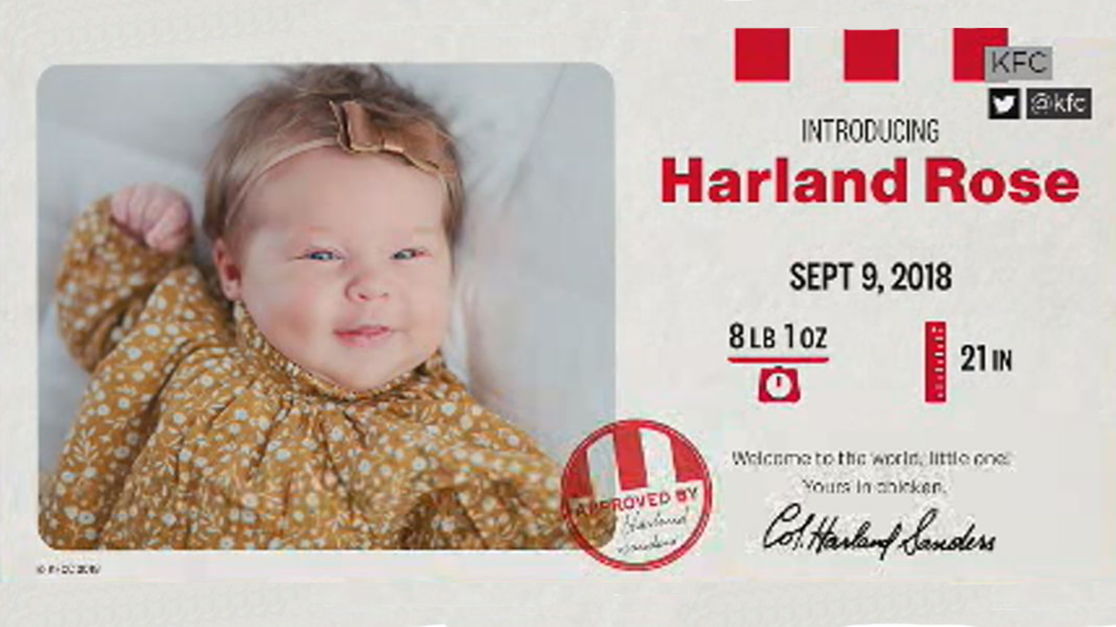 Baby named after Colonel Sanders gets $11,000 from KFC - ABC7 New York
