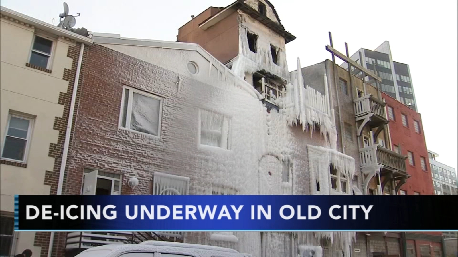 Work underway to free burned Old City building from layer of ice - 6abc ...