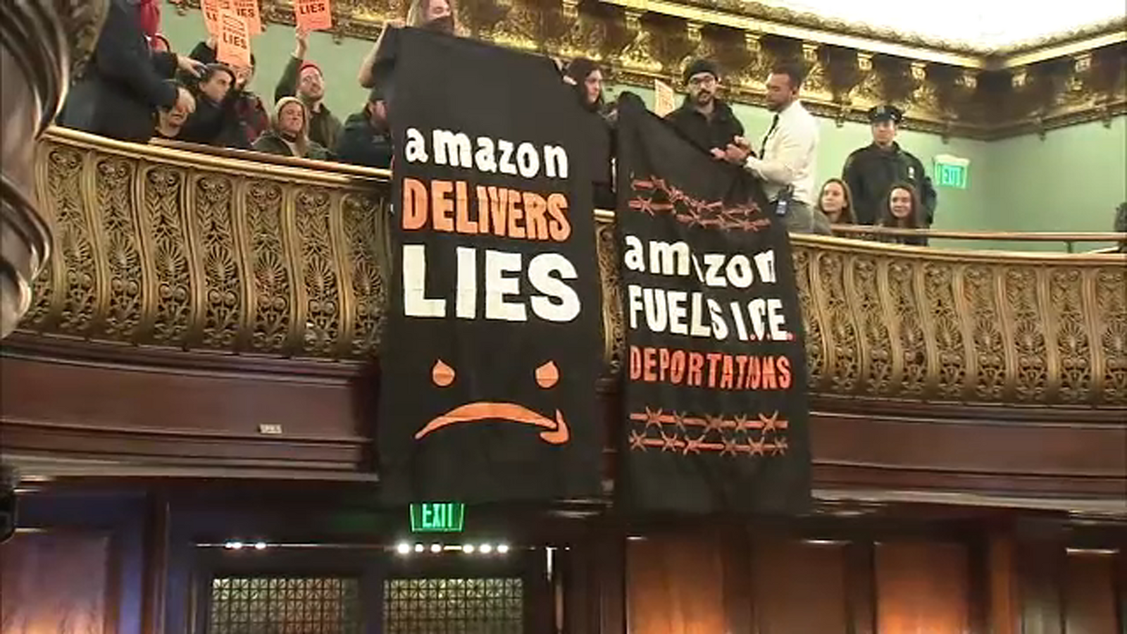 Protesters disrupt Amazon's New York City Council hearing announcing ...