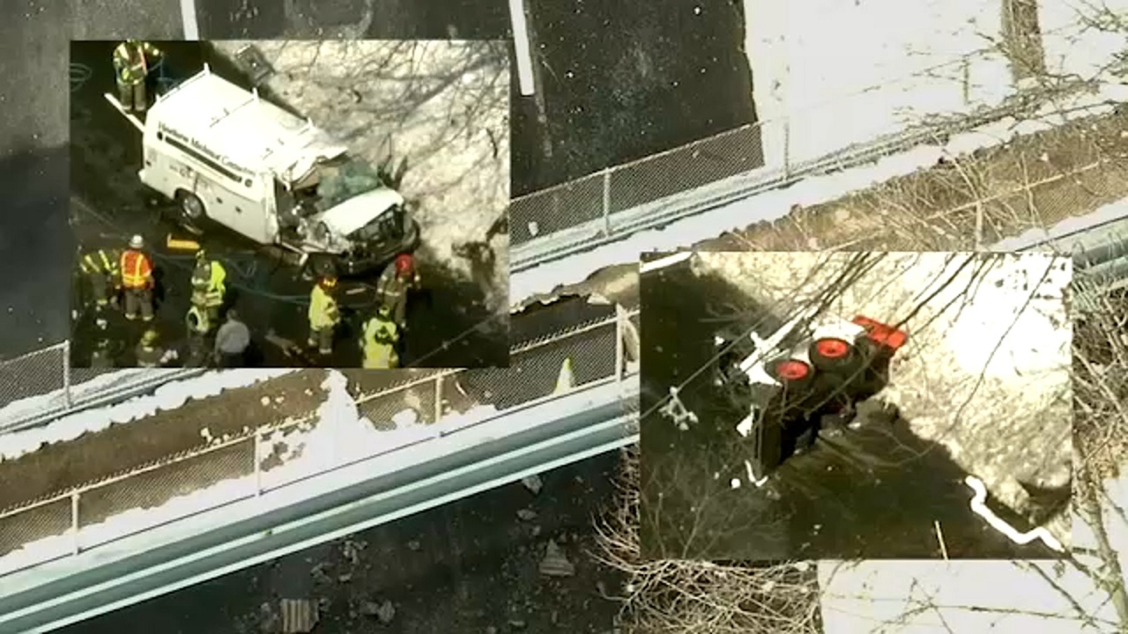 Bobcat snow removal machine plunges through overpass, hits truck; 3 ...