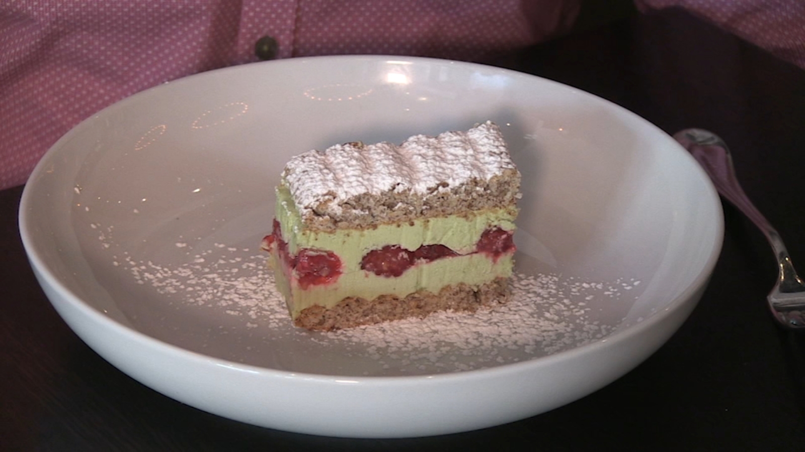 Pistachio dacquoise at Chez Benoit - ABC7 Chicago