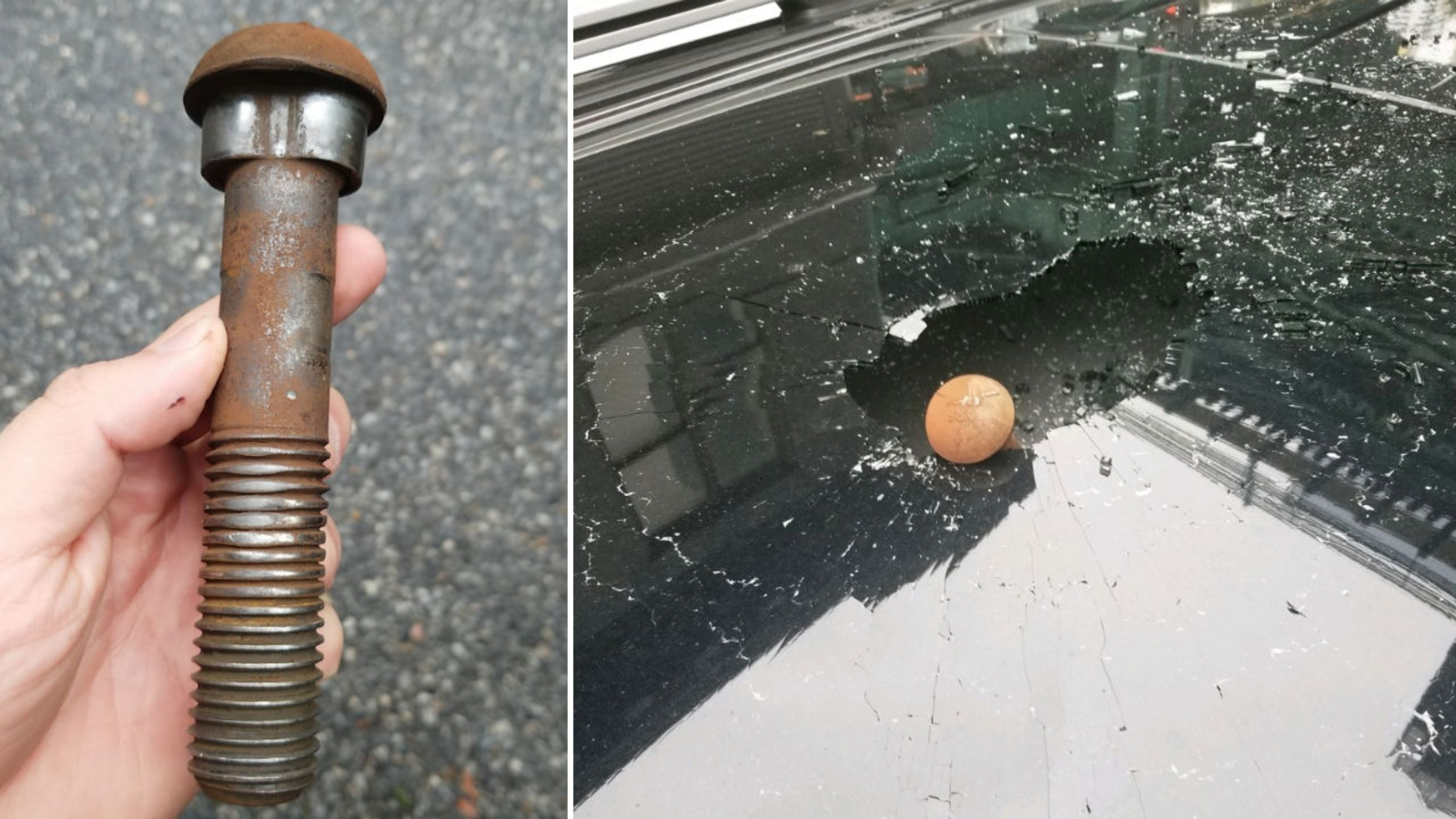 Man says giant metal bolt crashed onto car from train tracks above in ...