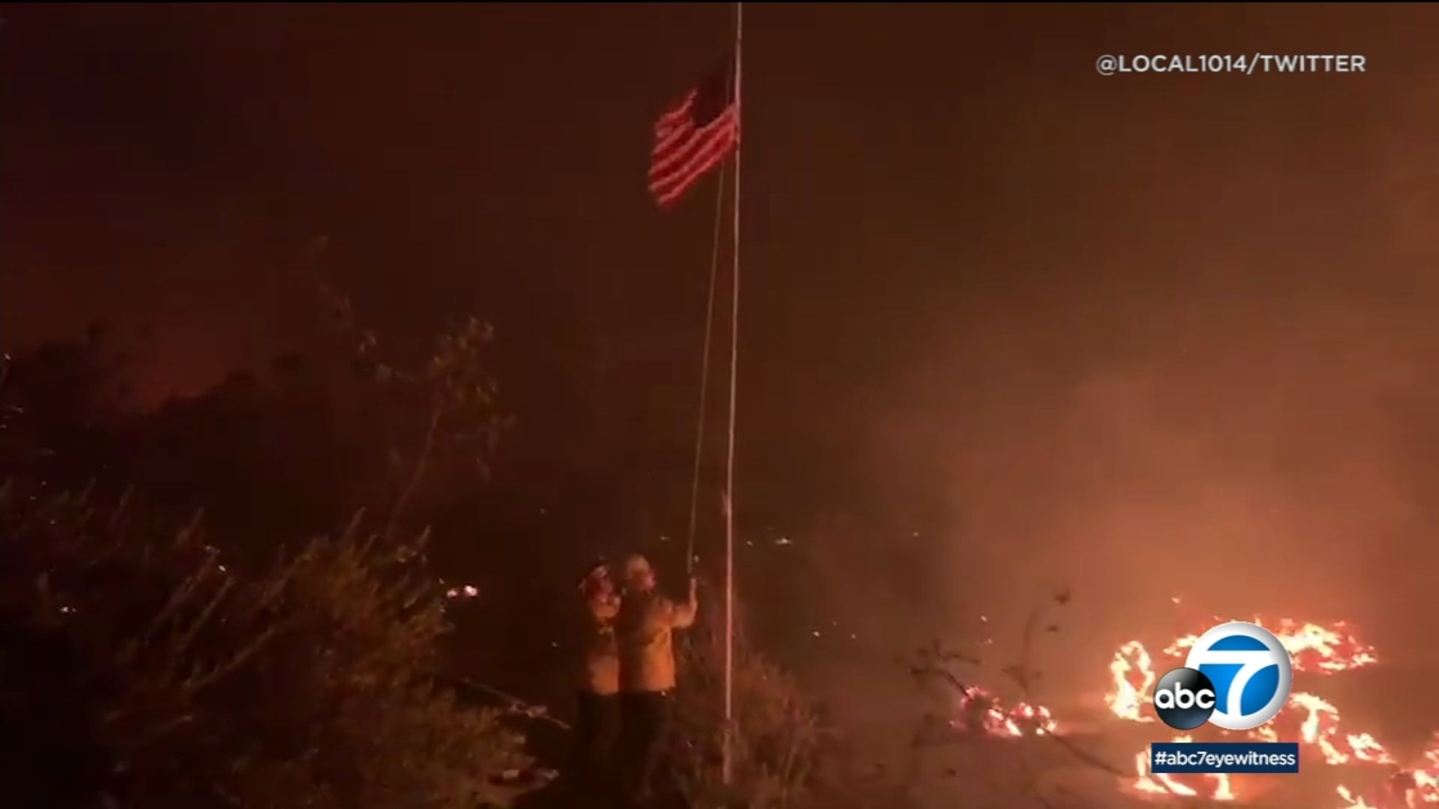 Lake Hughes fire: Firefighters save American flag from flames while ...